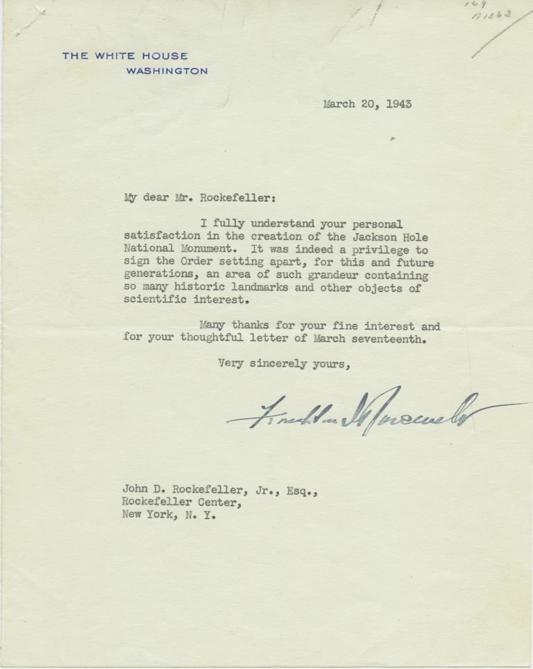 March 20 1943 White House Letter_OMR Cultural Interests_Jackson Hole ...
